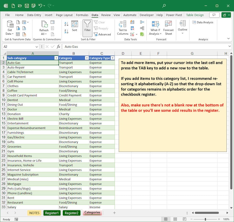 Excel Checkbook Register Download - Etsy