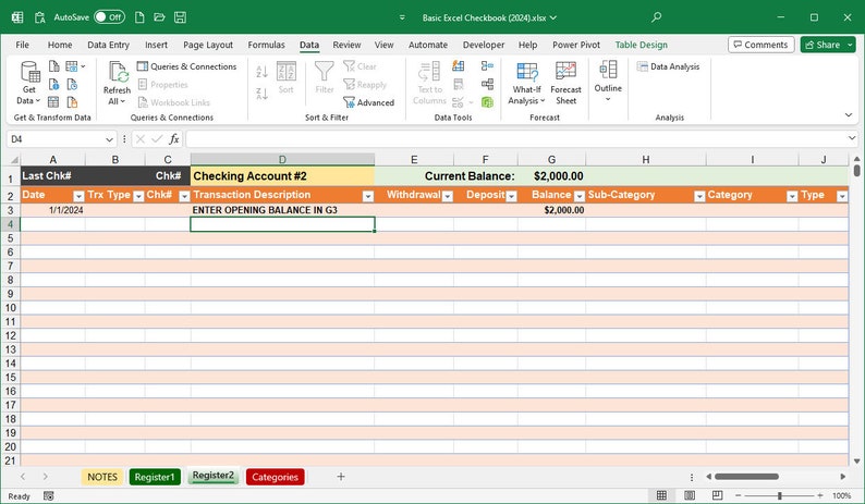 Excel Checkbook Register Download - Etsy