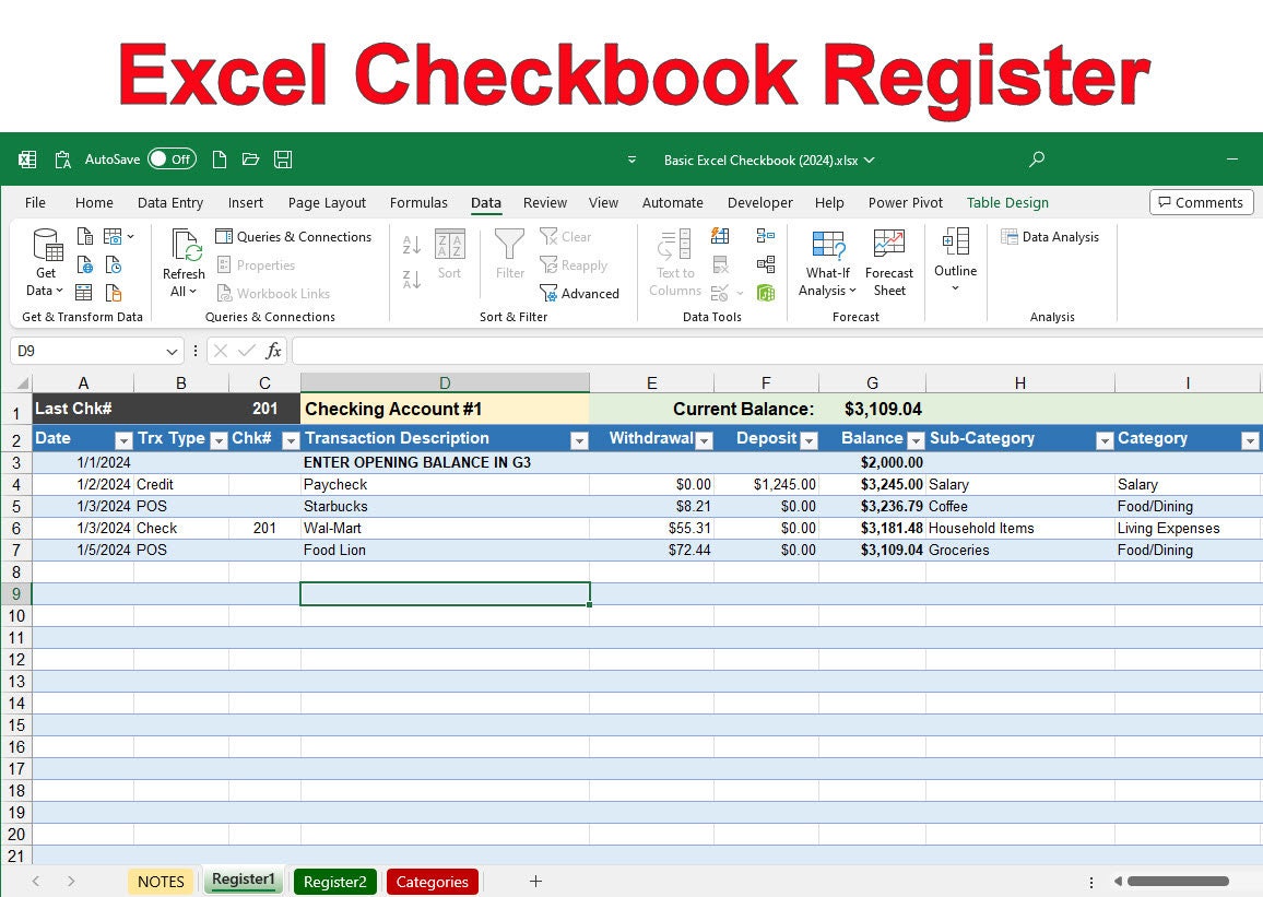 Excel Checkbook Register Download - Etsy