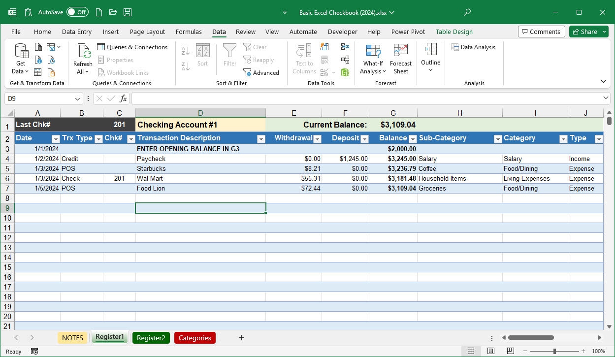 Excel Checkbook Register Download - Etsy