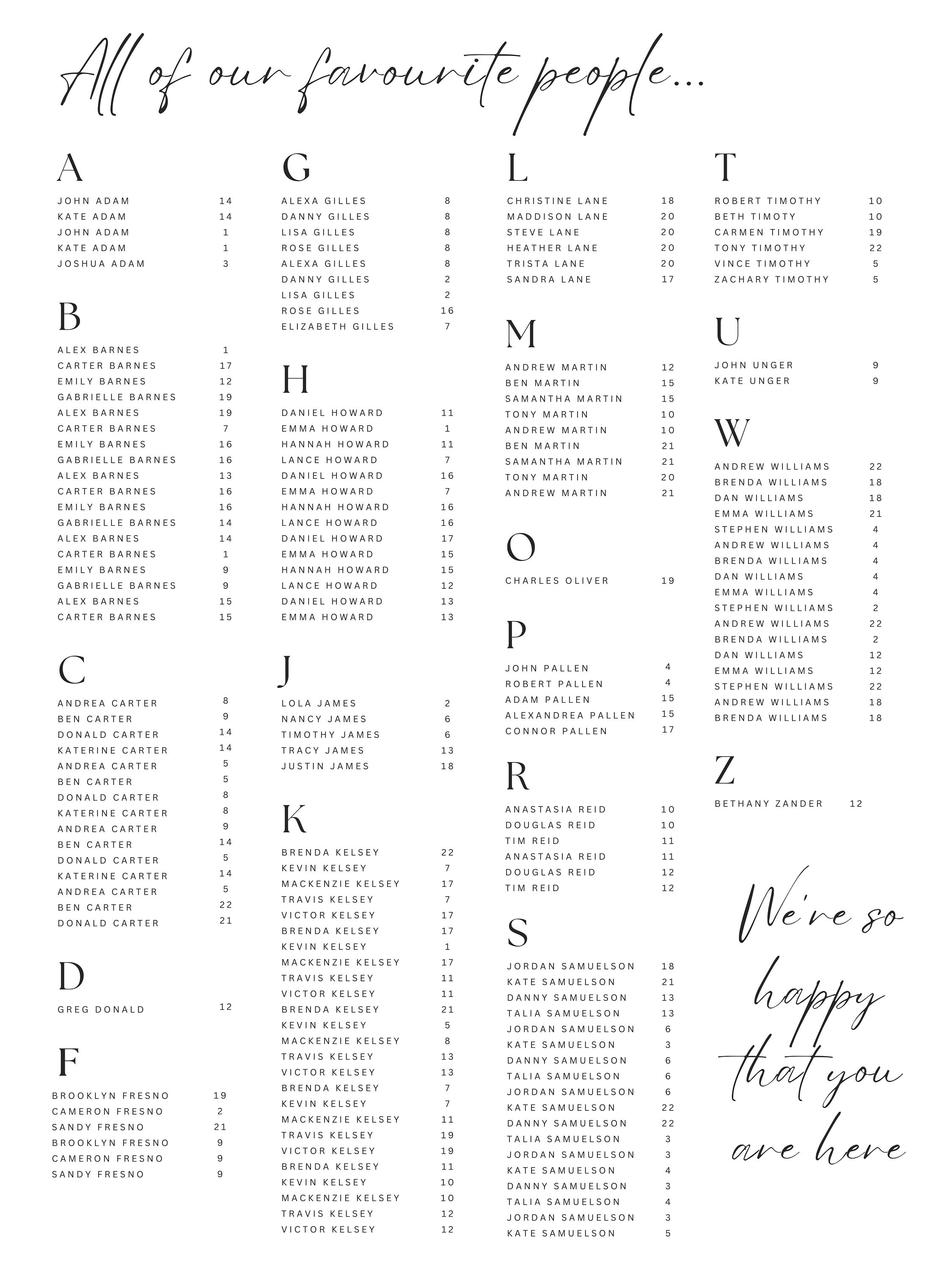 Modern Minimalist Alphabetical Wedding Seating Chart Template - Etsy