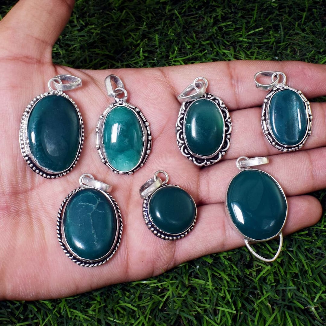 100% Natural Green Agate Gemstone Pendant Wholesale Lot Pendant Silver ...