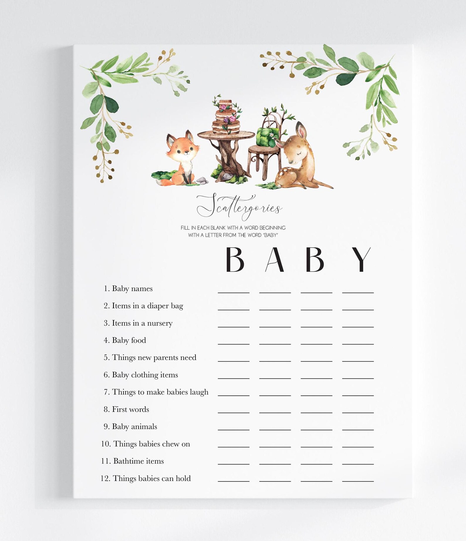 Woodland Animals Baby Shower Game, Scattergories Printable Baby Shower ...