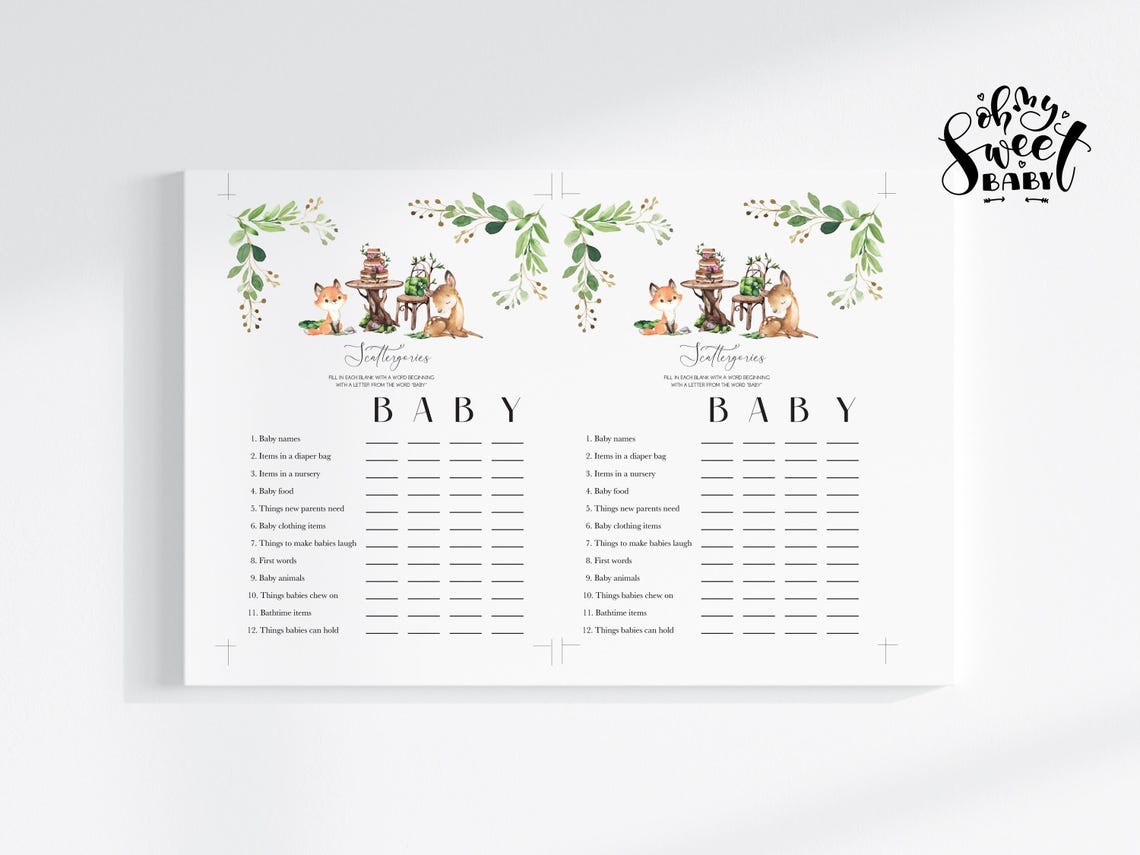 Woodland Animals Baby Shower Game, Scattergories Printable Baby Shower ...