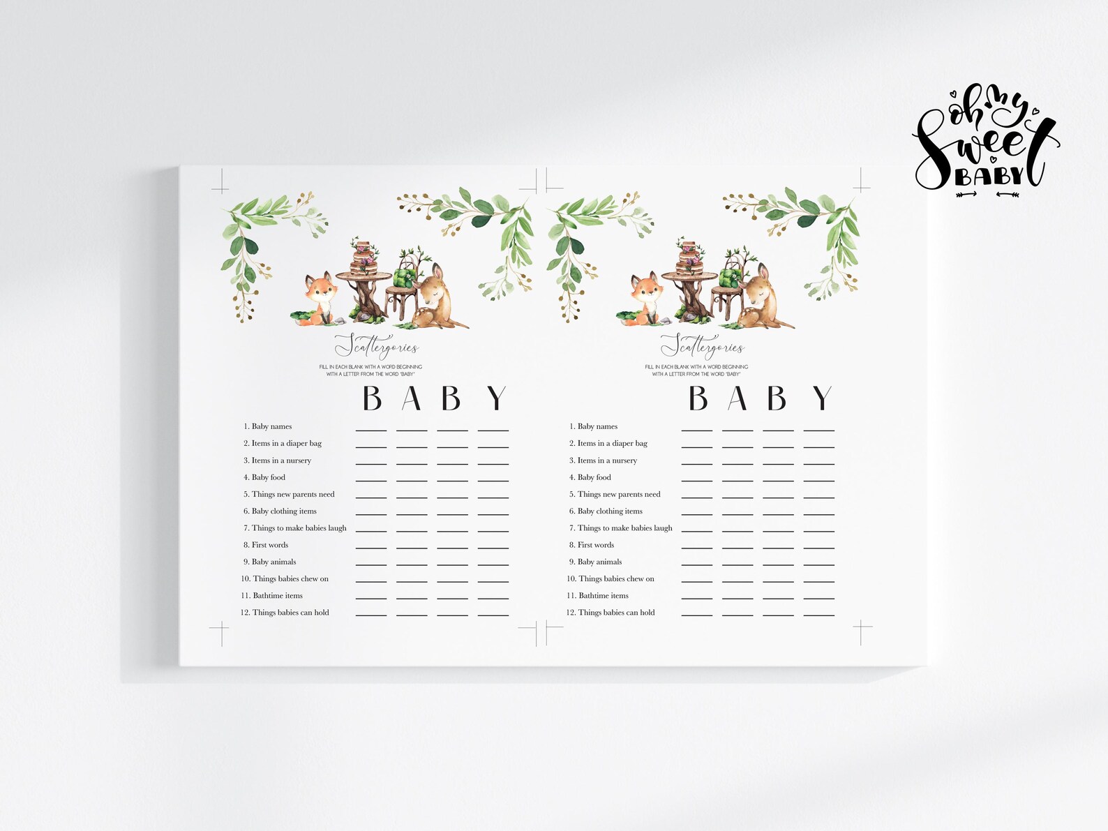 Woodland Animals Baby Shower Game, Scattergories Printable Baby Shower ...
