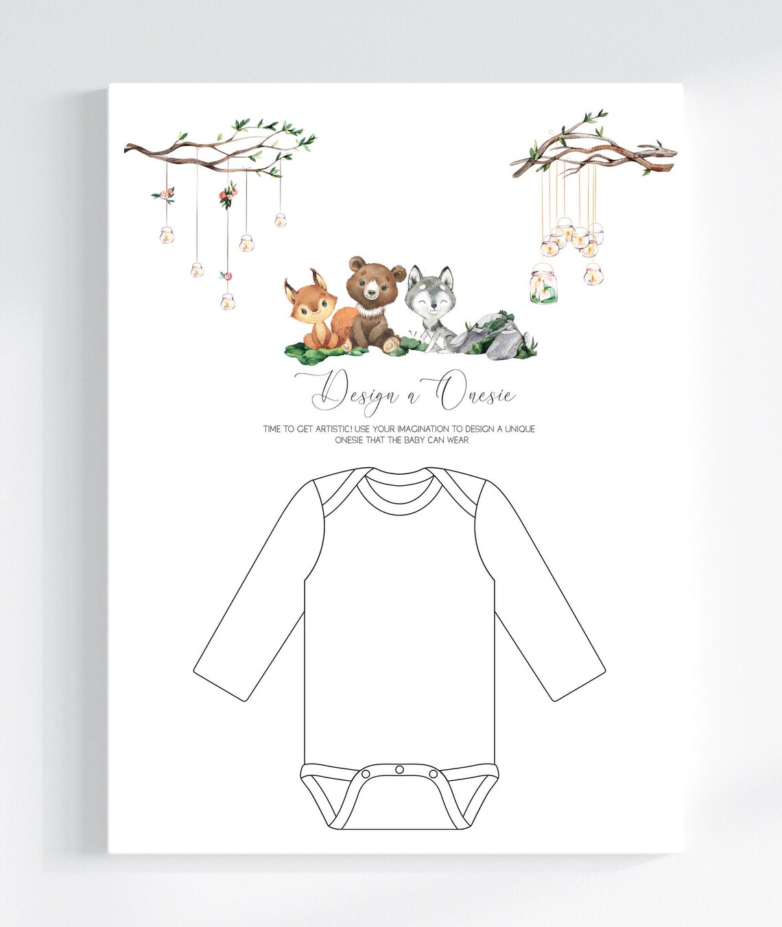 Woodland Baby Shower Printable Game, Design a Baby Onesie Printable ...