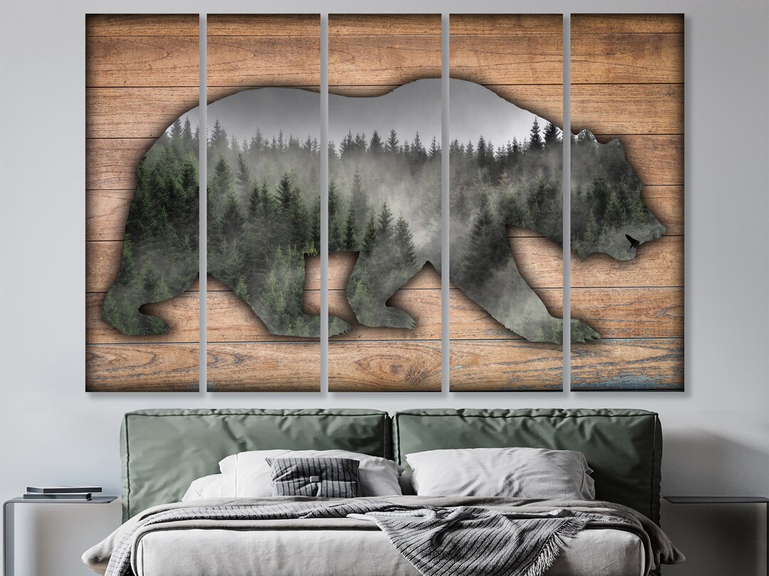 Rustic Bear and Forest Scene Print Wood Style Canvas Print Rustic Home ...