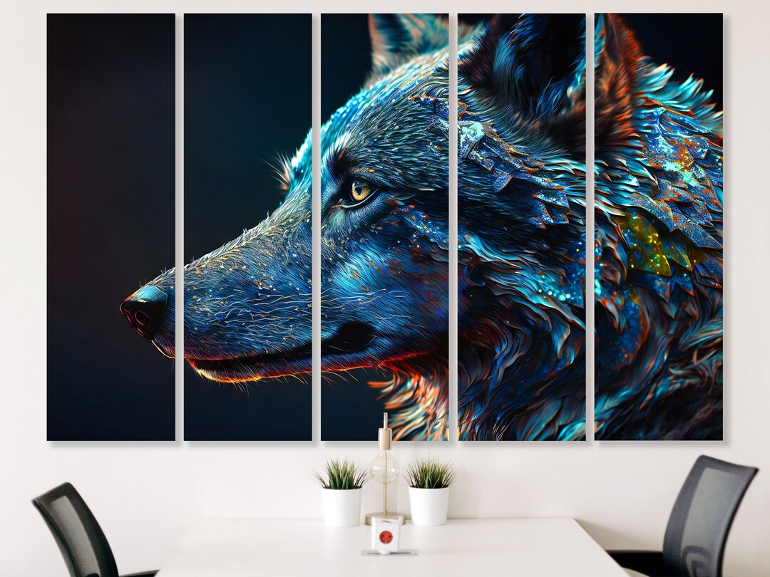 Canvas Fantasy Wolf Abstract Colorful Canvas Blue Animal Print ...