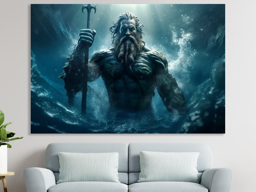 Poseidon Greek God Canvas Wall Art Mythology Sea God Artwork Blue ...