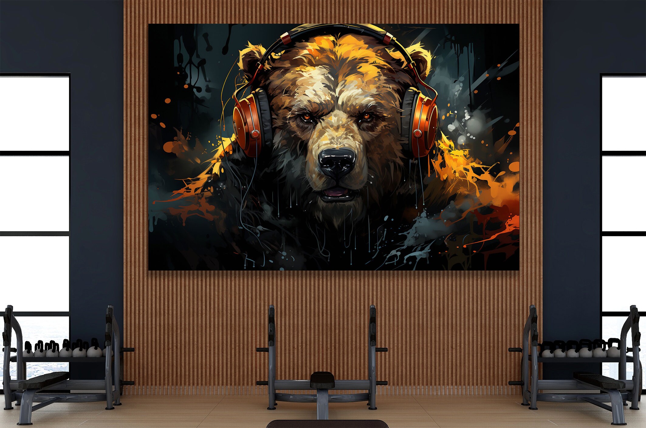 Grumpy Bear Canvas Wall Art Abstract Bear With Headphones Extra Large ...