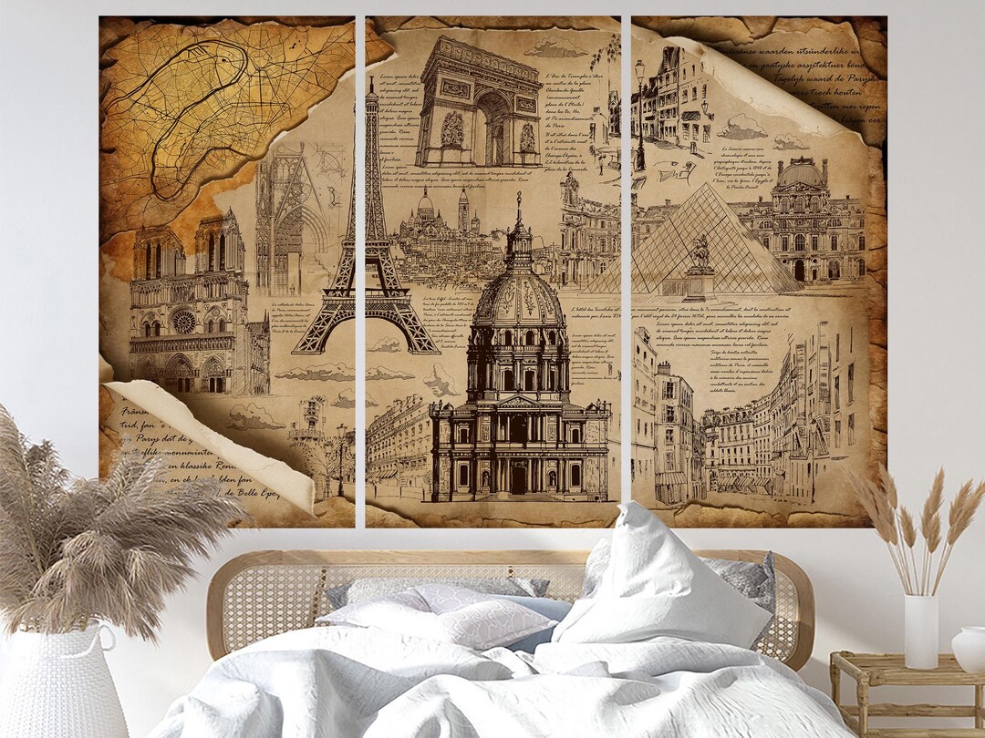 Paris Architecture Canvas Vintage Blueprint Wall Art Classic French ...