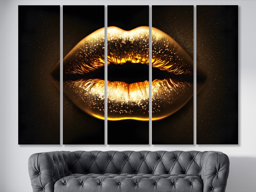 Golden Effect Lips Canvas Golden Colored Lipstick Bedroom Wall Decor ...