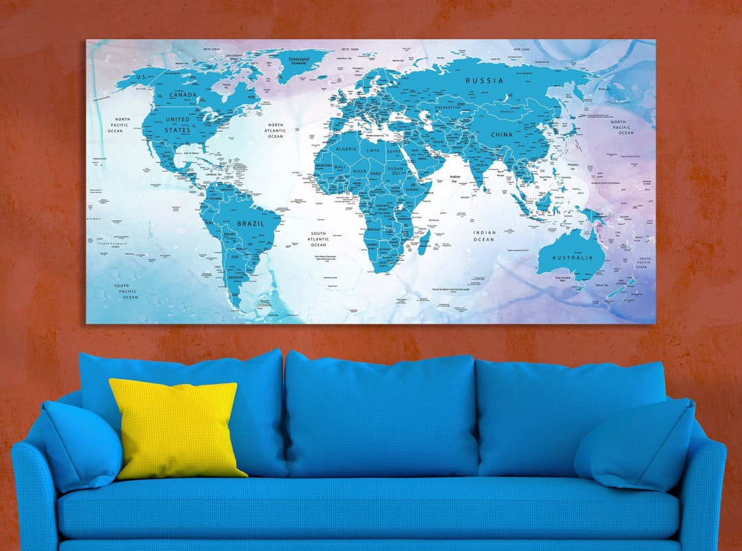 Turquoise World Map Canvas World Map Decor Turquoise Map Large - Etsy ...