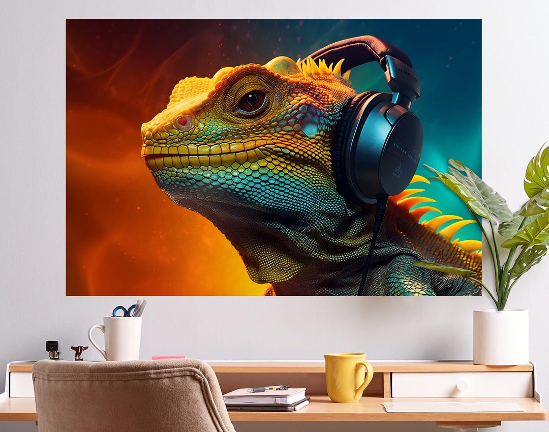 Music Canvas Colorful Art Fire and Ice Print Lizard Reptile Wall Decor ...