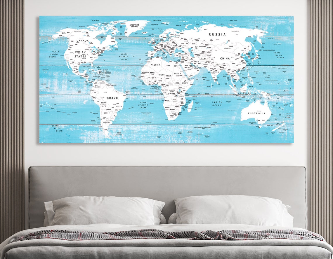 World Map Canvas World Map Decor White Blue Map Large World - Etsy
