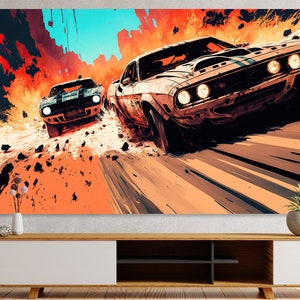 Danger Race Canvas Wall Art Mustang and Challenger Crazy Car Chase ...