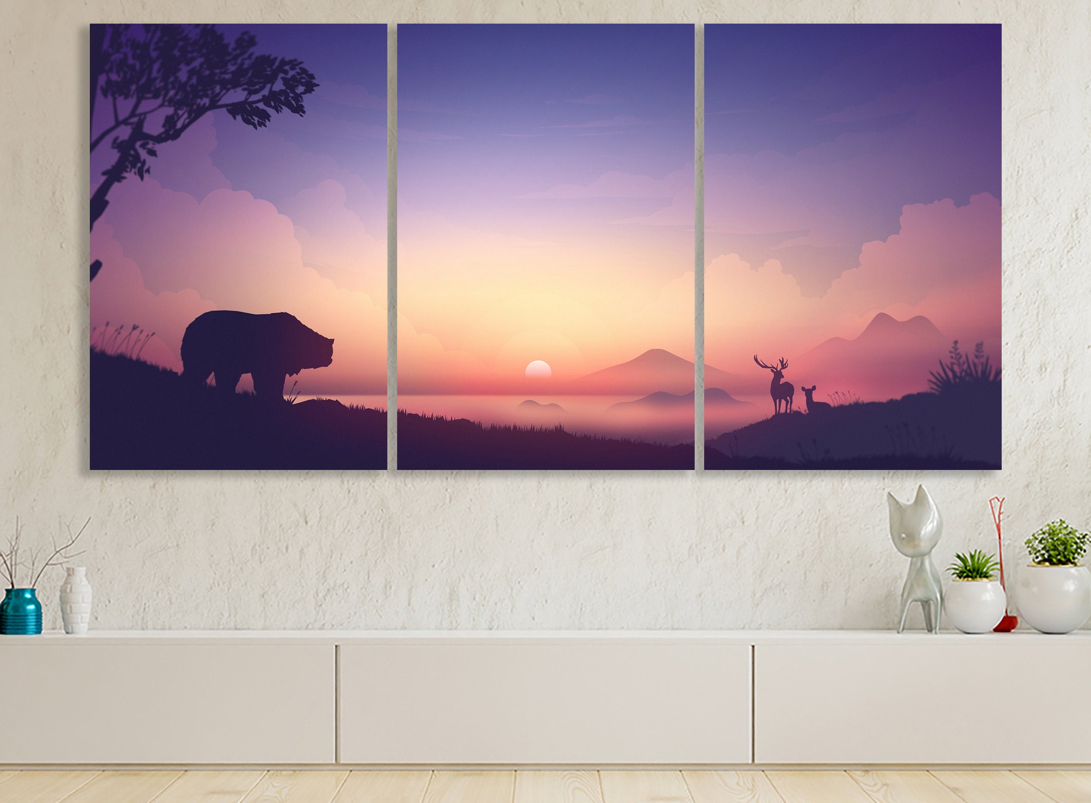 Forest Animals Wall Art Sunset Landscape Canvas Wild Animals - Etsy