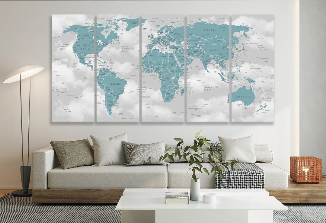 World Map Framed Canvas World Map Decor Turquoise Map Large World Map ...