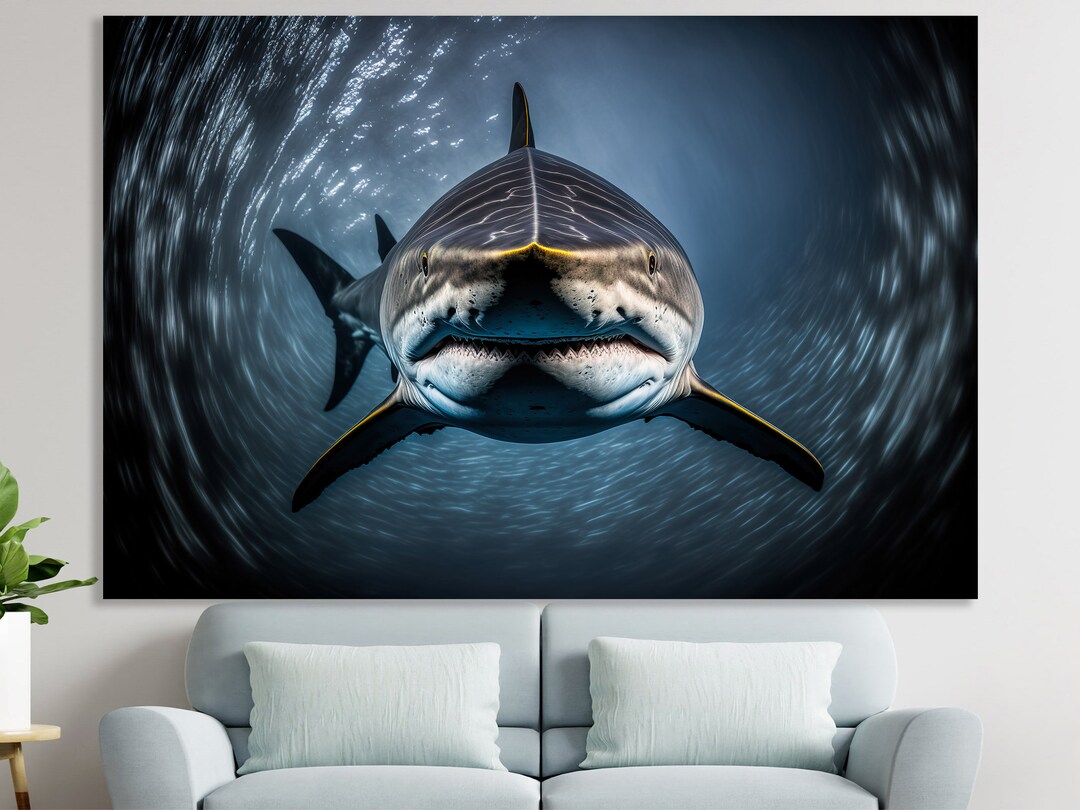 Great White Shark Framed Canvas Oceanic Print Big Fish Large Wall Art ...