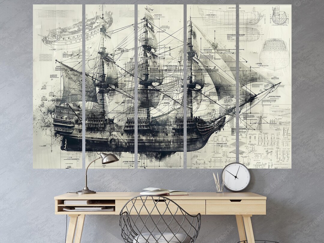 Vintage Ship Blueprint Canvas Print, Nautical Wall Art, Sailing Ship ...