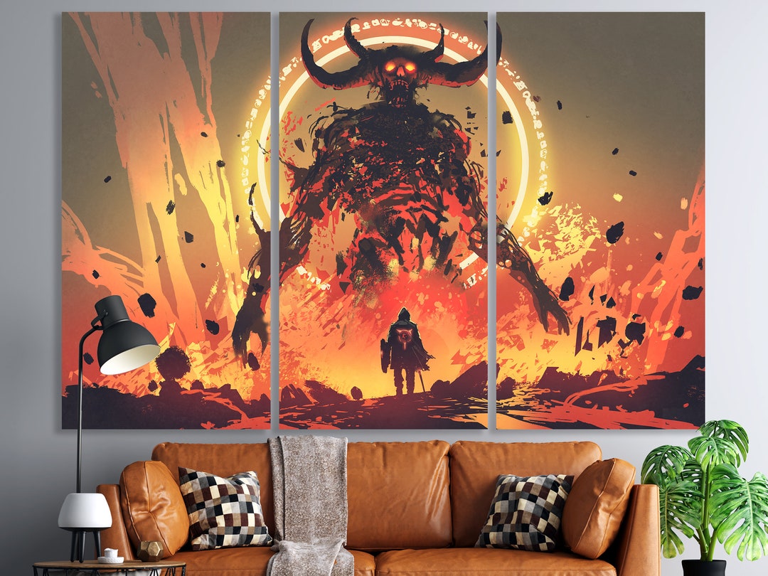 Knight Vs Demon Canvas King of Darkness Canvas Game Room Wall Decor ...