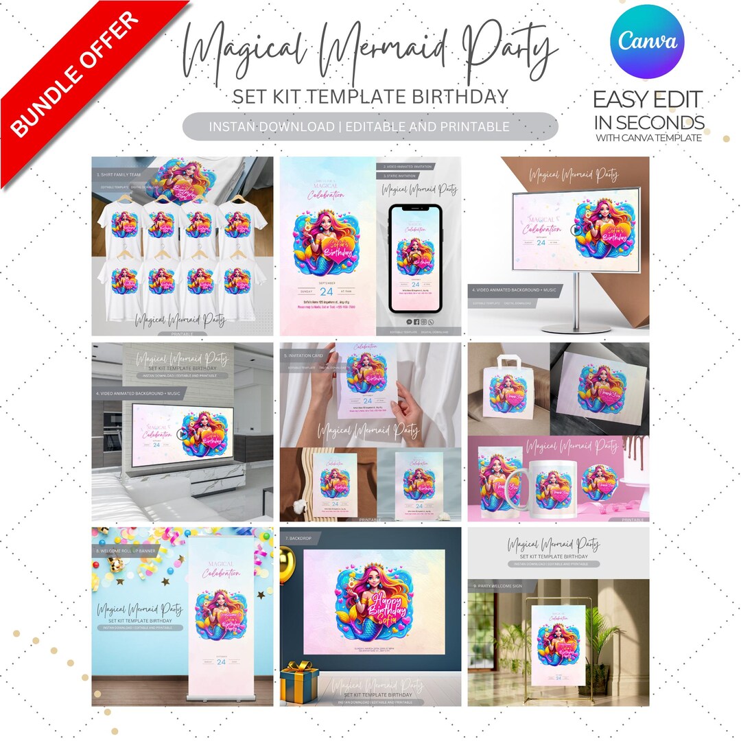 Editable Mermaid Birthday Party Set | Templates Canva Birthday Party ...