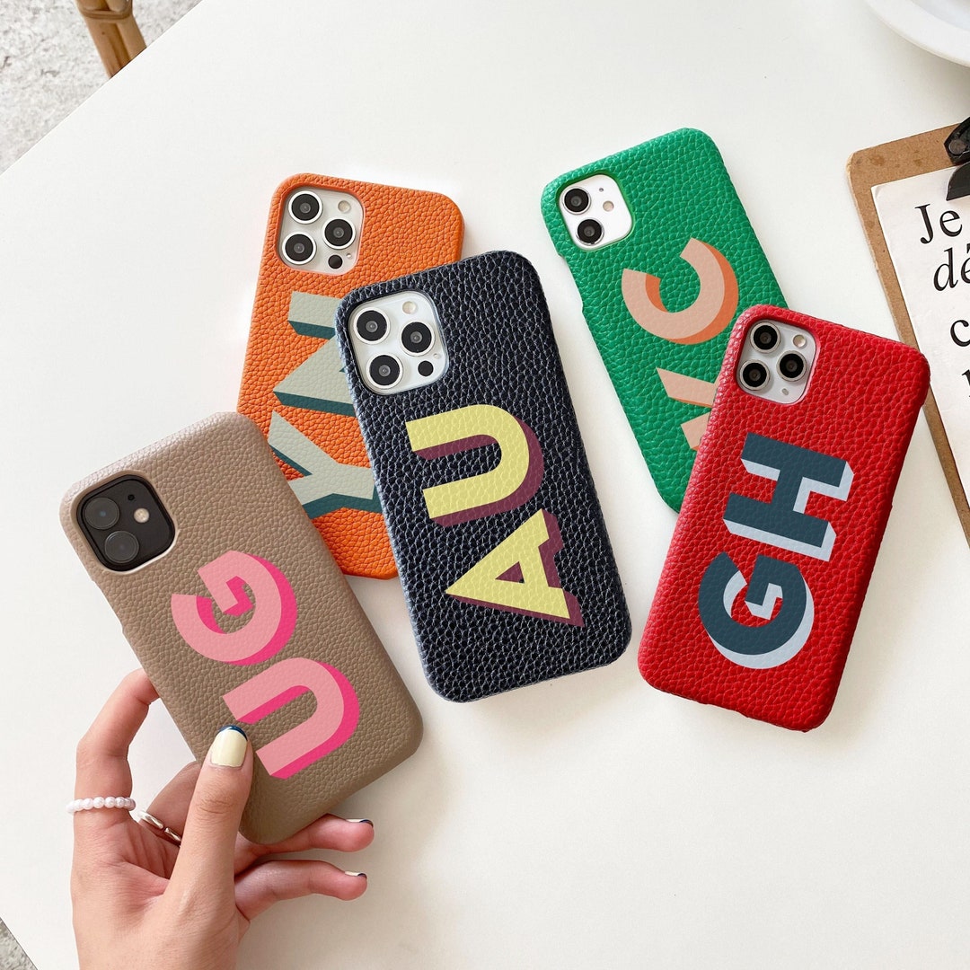 Personalized iPhone 14 Case, Monogram Large Initial Pebble Leather Case ...