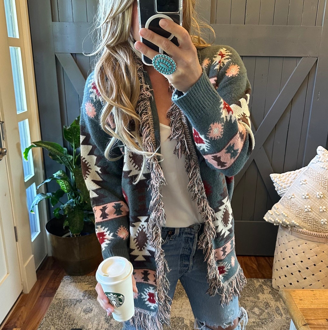 The Bristol Aztec Fringe Long Cardigan Sweater Western Cowichan Print ...