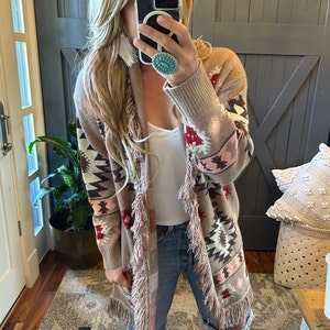The Bristol Aztec Fringe Long Cardigan Sweater Western Cowichan Print ...