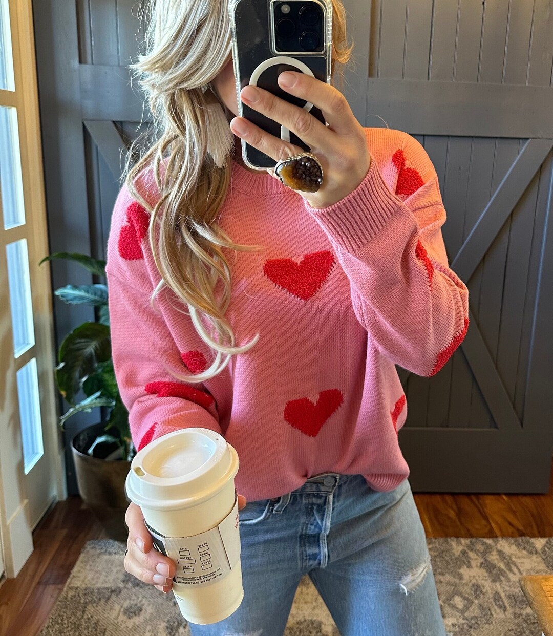 New Heart Embroidered Patch Pink Pullover Crew Neck Sweater Sweetest ...