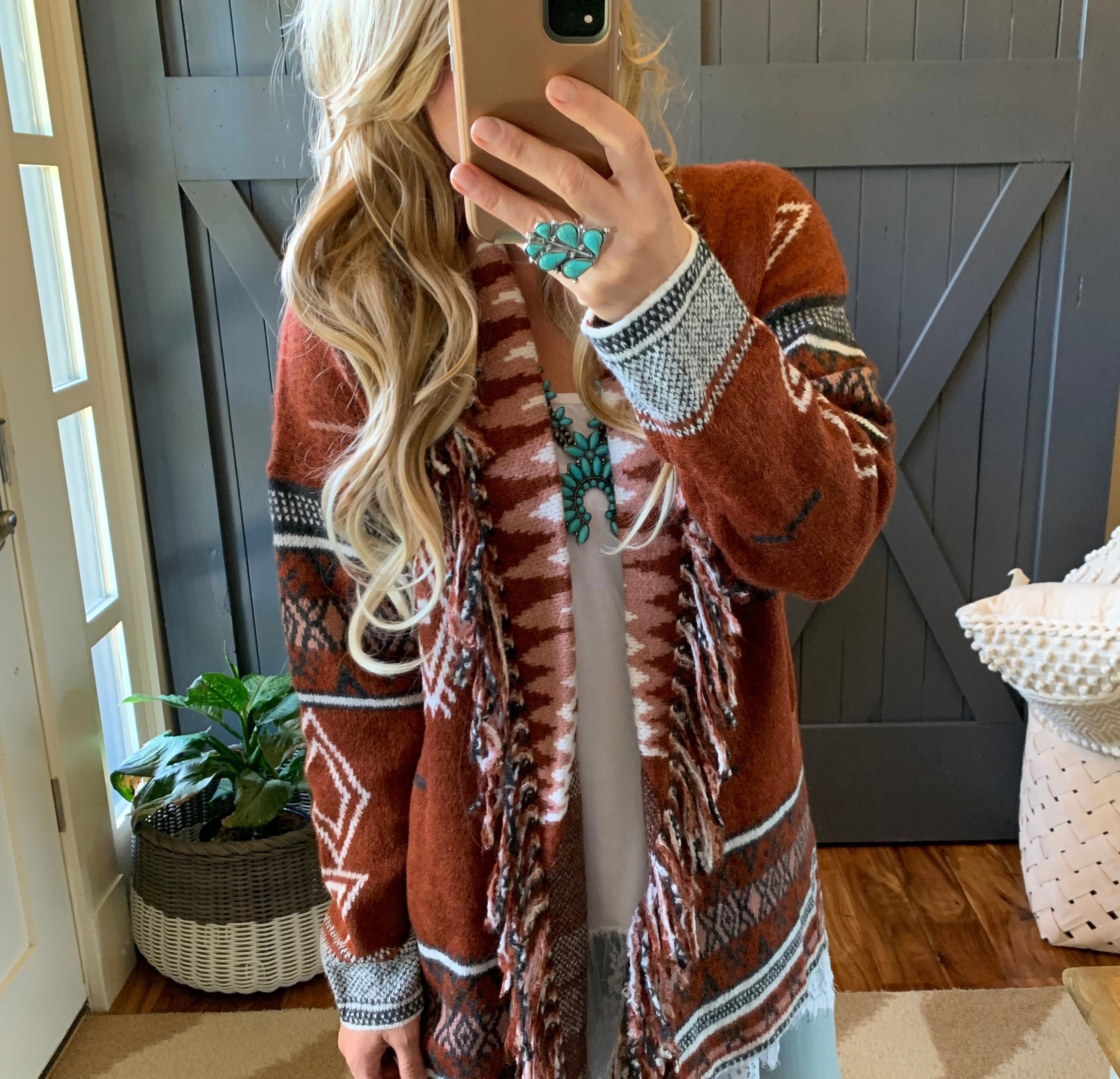 New Western Native Print Fringed Red Cardigan Sweater / - Etsy