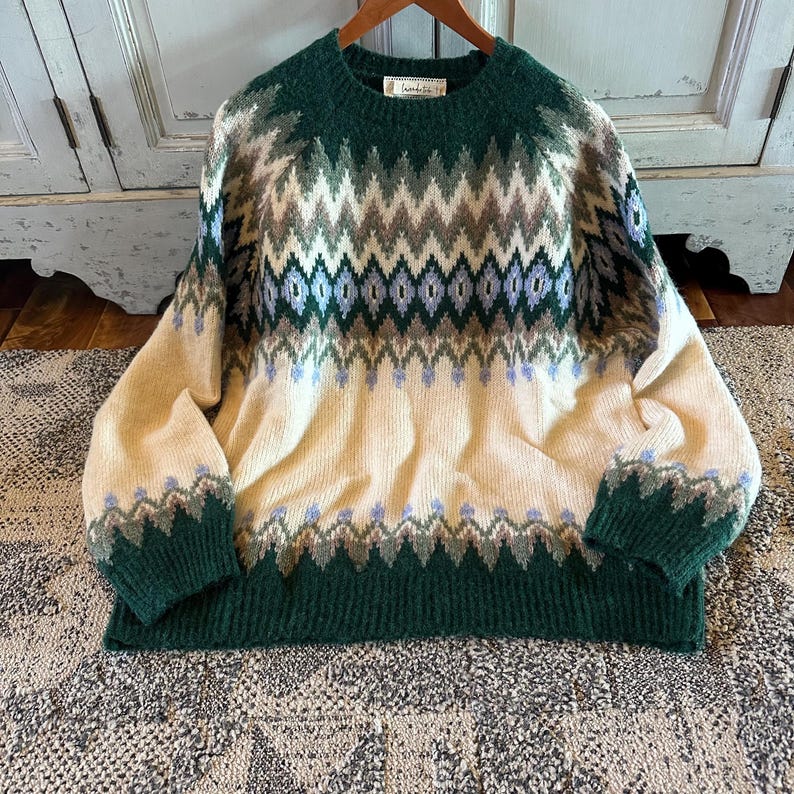 Handmade Icelandic Sweater: Nordic Fair Isle Knit Cotton Blend Pullover ...