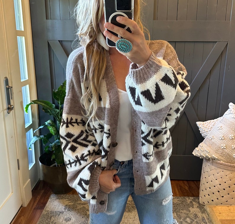 Geometric Knit Cardigan: Oversized Button Front Boho Sweater, Western ...