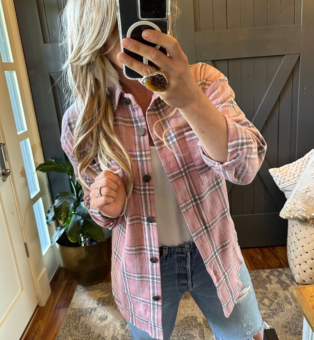 The Hailey Plaid Pink Flannel Shacket Button Front Jacket Cozy Button ...
