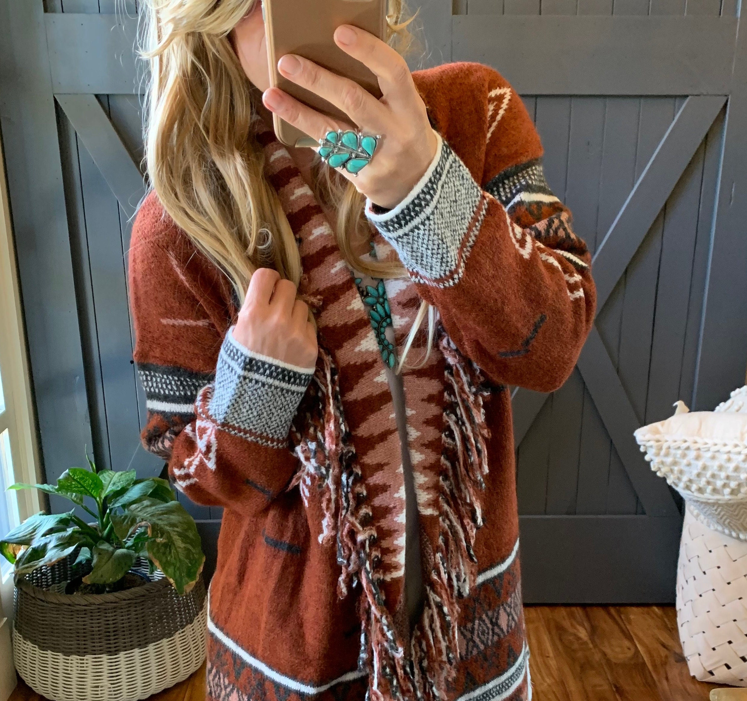 New Western Native Print Fringed Red Cardigan Sweater / Cozy - Etsy