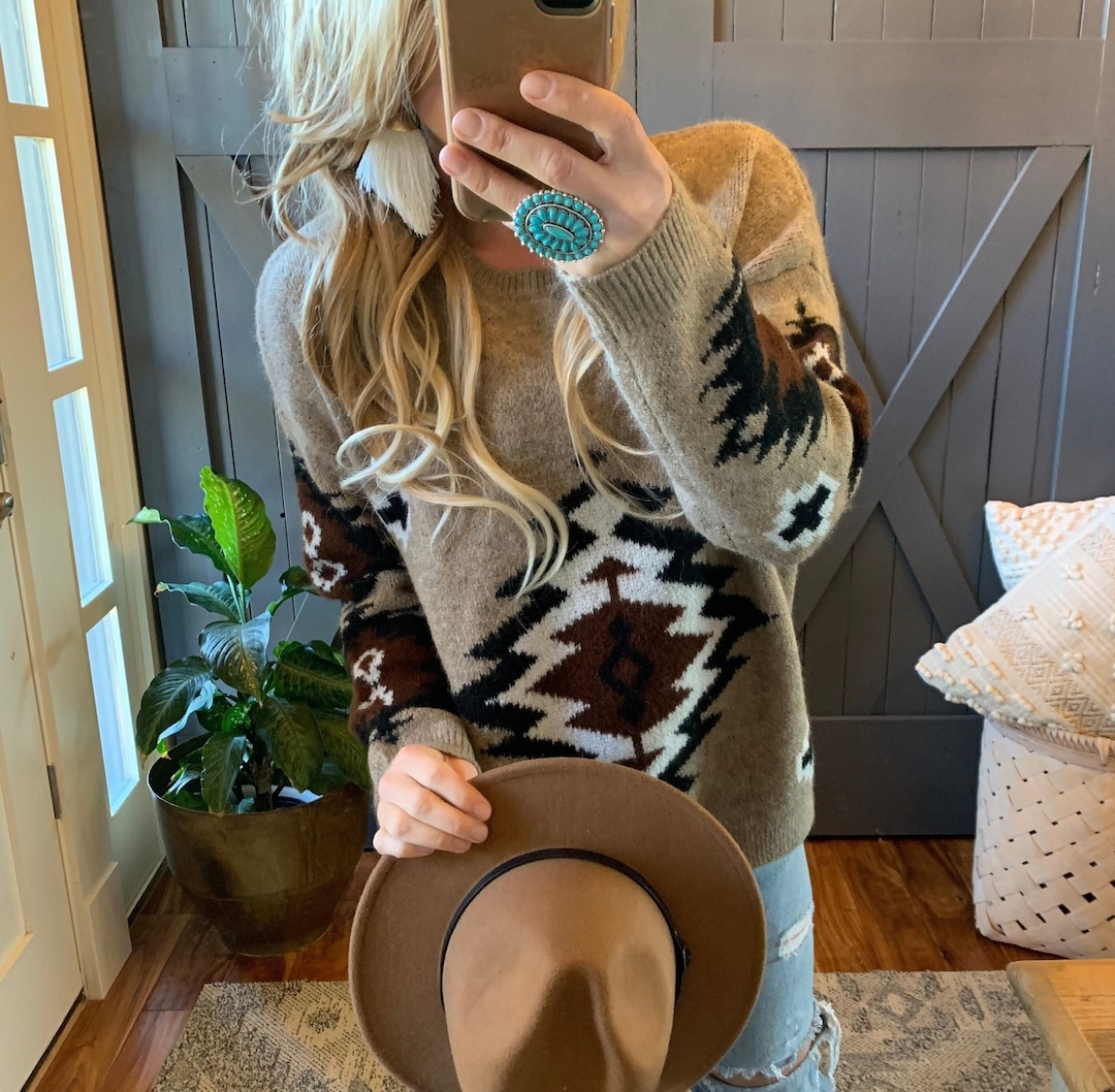 The Forks Cozy Tribal Printed Pullover Crew Neck Sweater by Lavender ...