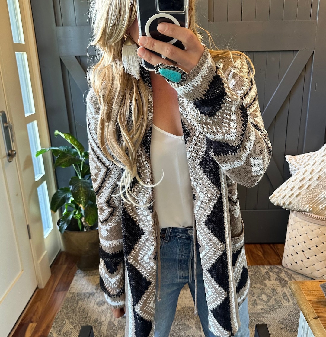 Harper Western Aztec Tribal Print Grey Long Cardigan Sweater by ...