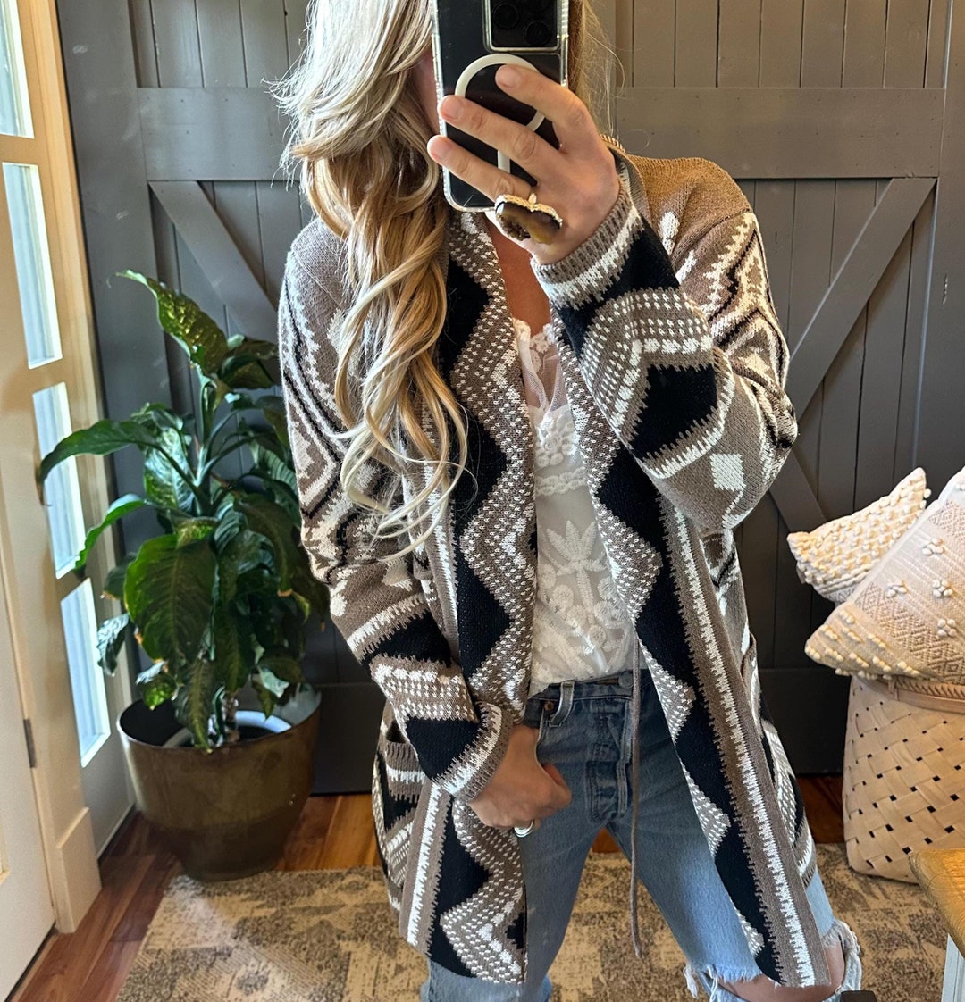 Handmade Belted Womens Western Long Cardigan, Cowichan Style Boho ...