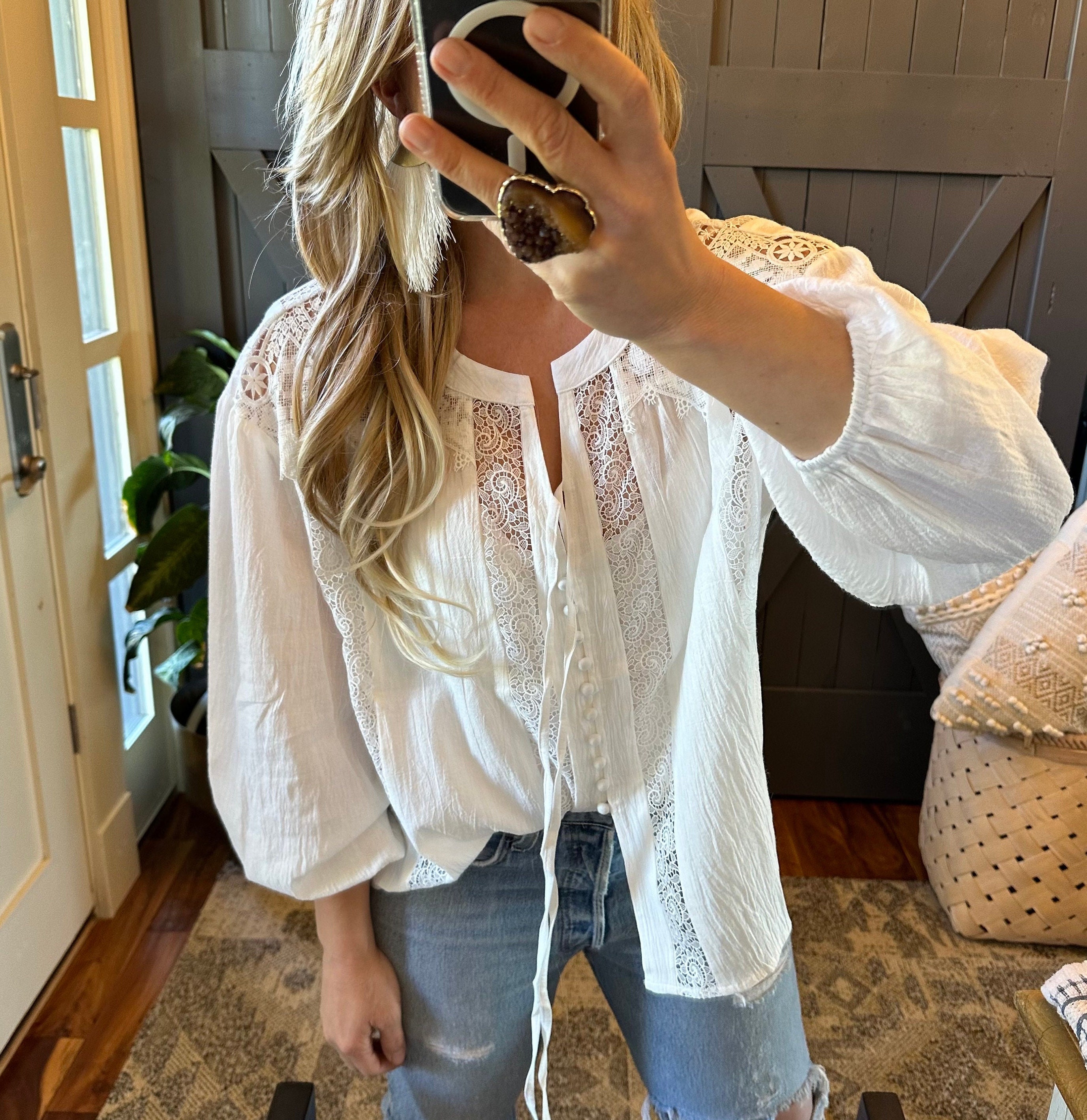 White Lace Inset Boho Blouse: 3/4 Sleeve Flowy Top, by Lavender Tribe ...