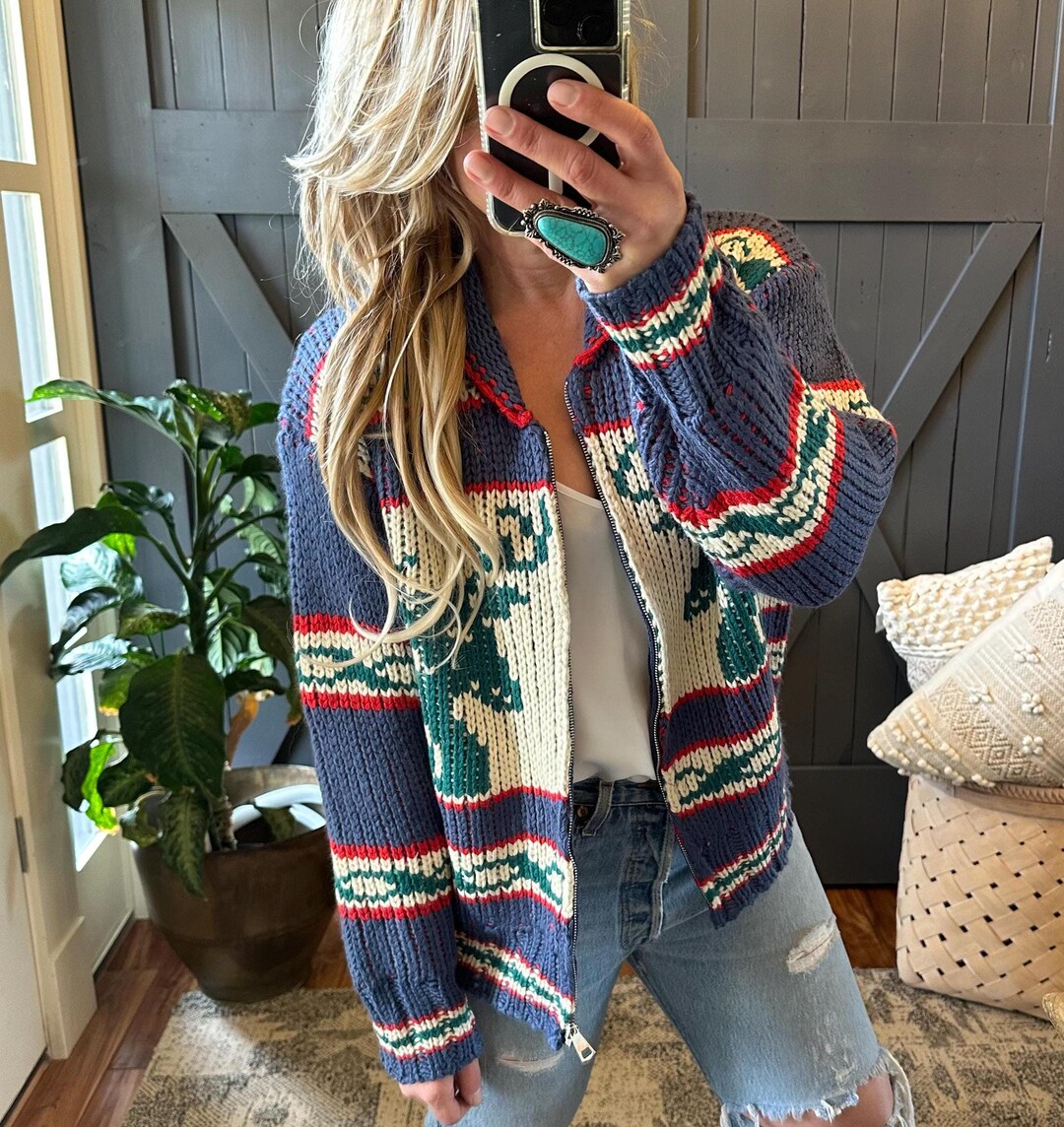 New Handmade Chunky Soft Wool Knit Deer Eagle Print Cardigan Sweater ...