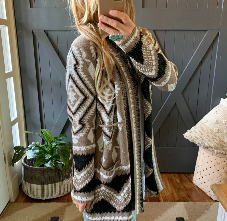 Aztec Print Cardigan Sweater: Western Knit Coat, Belted Waist - Etsy