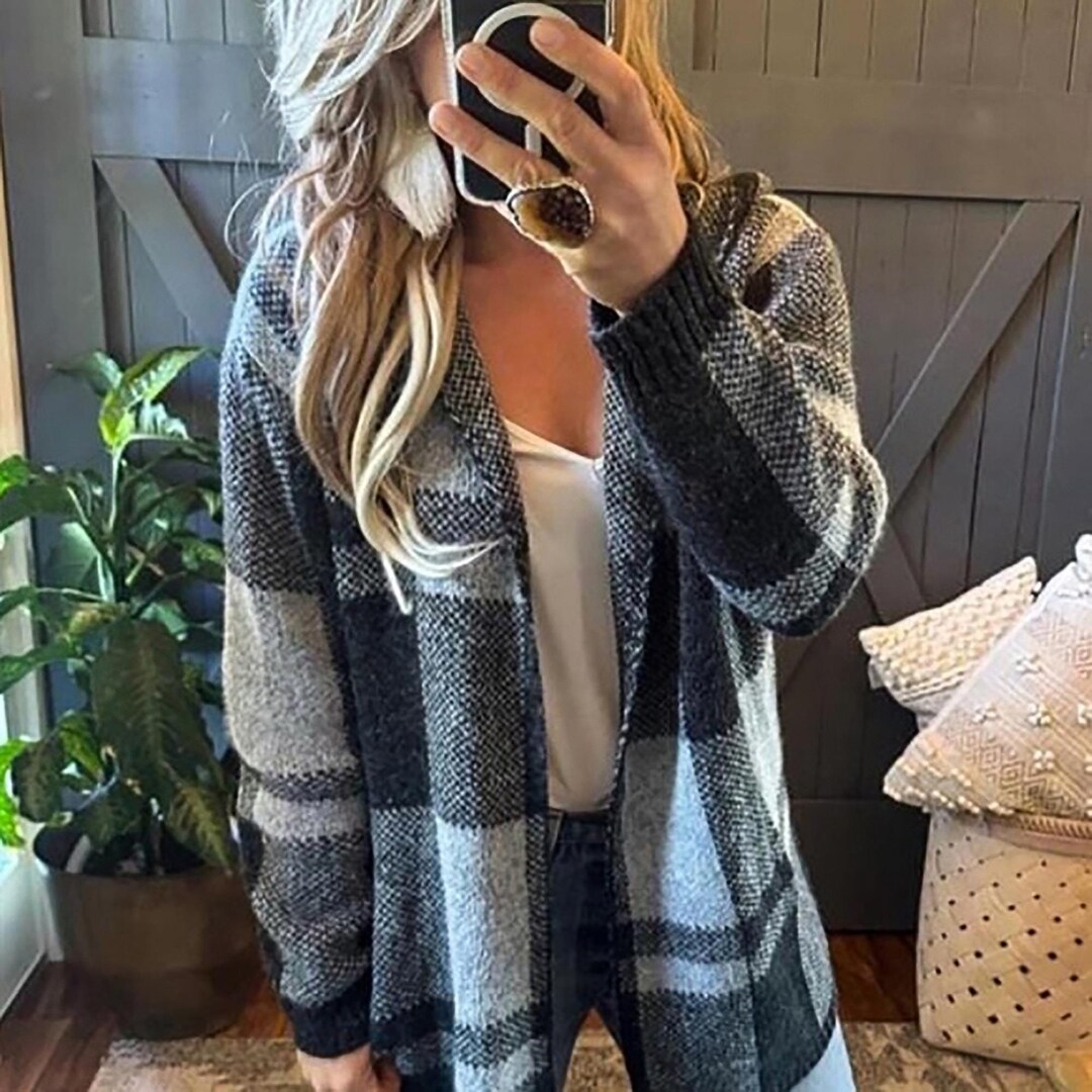 Plaid Hooded Cardigan Sweater Coat: Gray Buffalo Wool Plaid, Lavender ...
