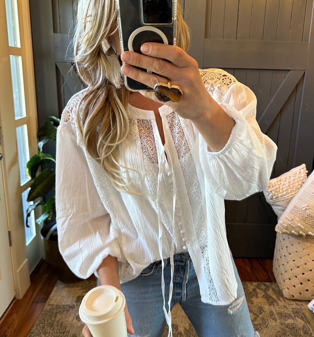 White Lace Inset Boho Blouse: 3/4 Sleeve Flowy Top, by Lavender Tribe ...