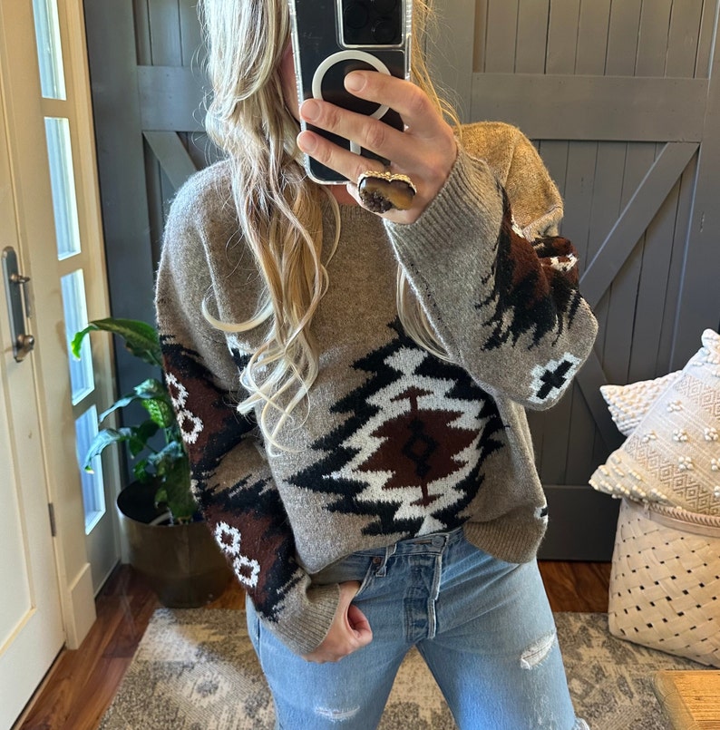 Aztec Print Pullover Sweater: Boho Western Oversized Style - Lavender ...