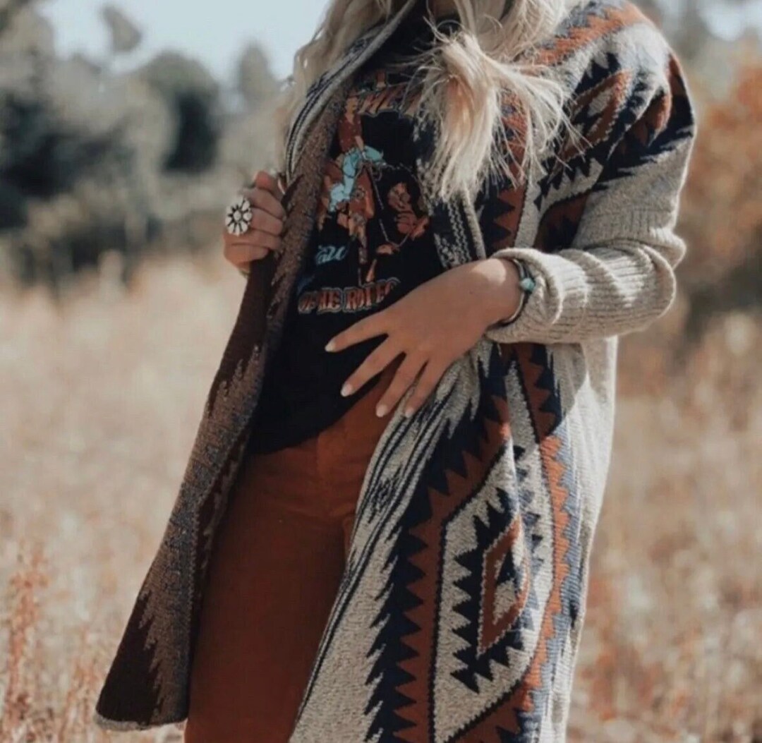 Aztec Western Print Cardigan: Grey Oversized Boho Knitted Sweater - Etsy