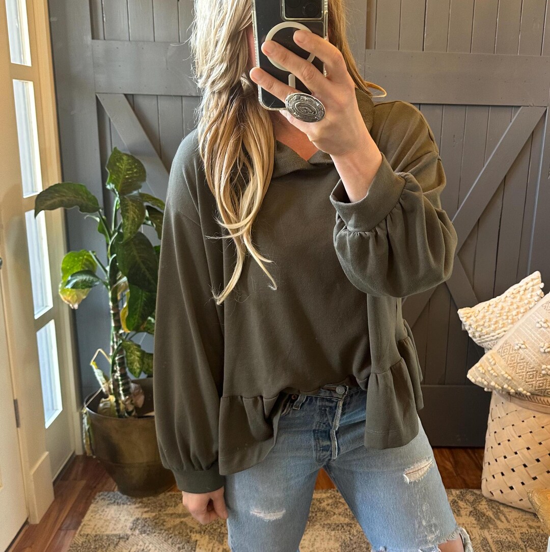 The Jacie Cotton Hooded Pullover Sweatshirt Top by Lavender Tribe Design Handmade Boho Ruffled ...