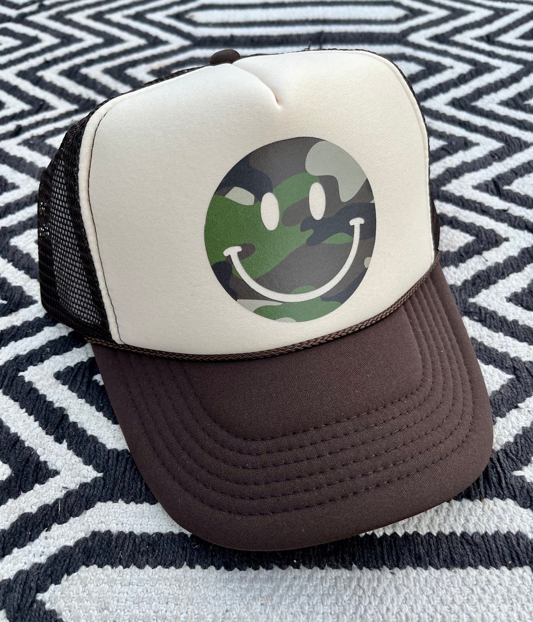 Happycamo Trucker Hat, Camo Smiley Face Trucker Hat, Camouflage Smiley Face Trucker Hat, Smiley ...