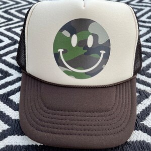 Happycamo Trucker Hat, Camo Smiley Face Trucker Hat, Camouflage Smiley Face Trucker Hat, Smiley ...