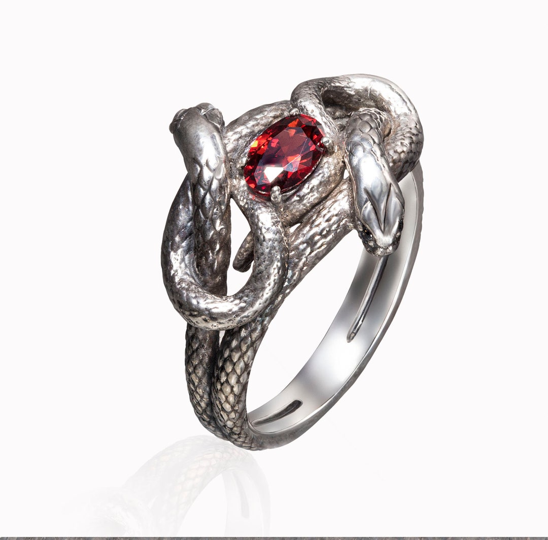 Silver Ring With Two Snakes, Viper Ring, Unique Red Zirconia Snake Ring ...