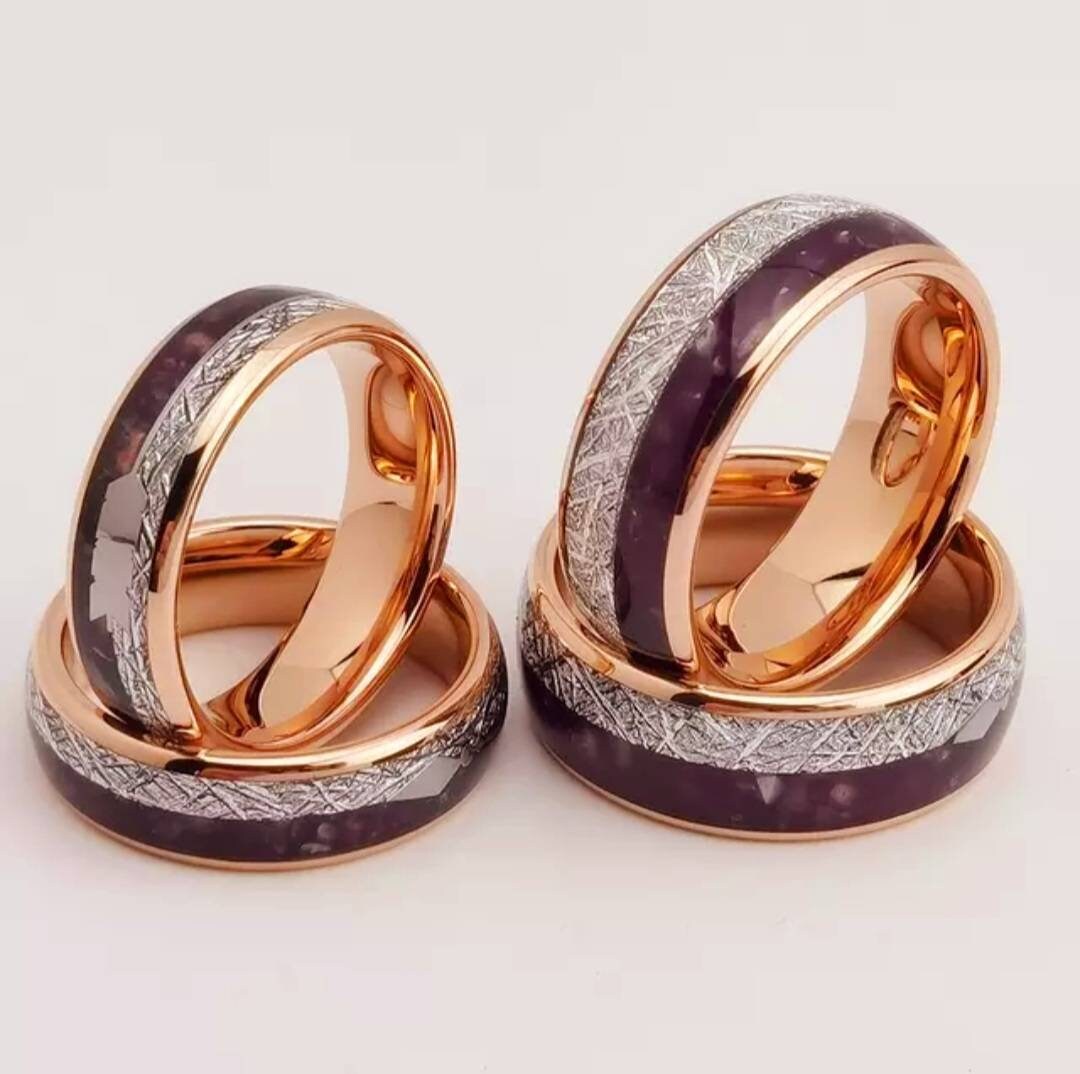 Rose Gold Tungsten Ring, Mens Wedding Band, Purple Agate & Meteorite ...